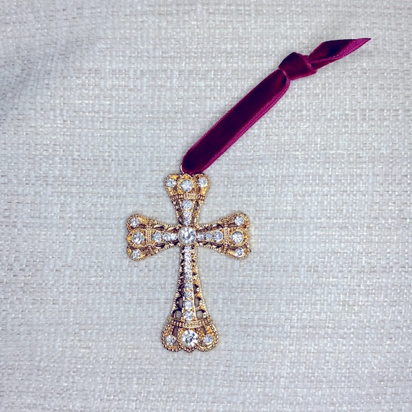 Holiday | Cross Ornament With Rhinestones And Red Velvet Ribbon Nwot ...